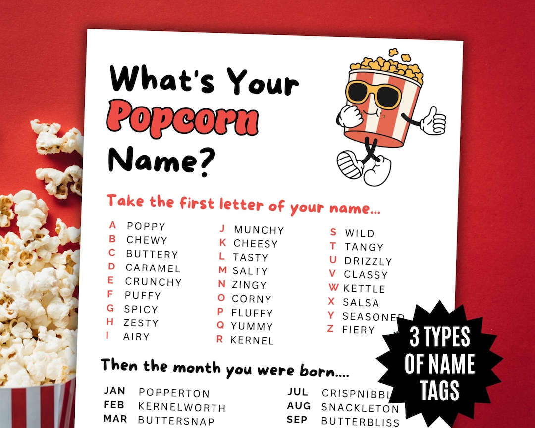 What's Your Popcorn Name Game NAME TAGS + SIGN, Movie Night Games ...