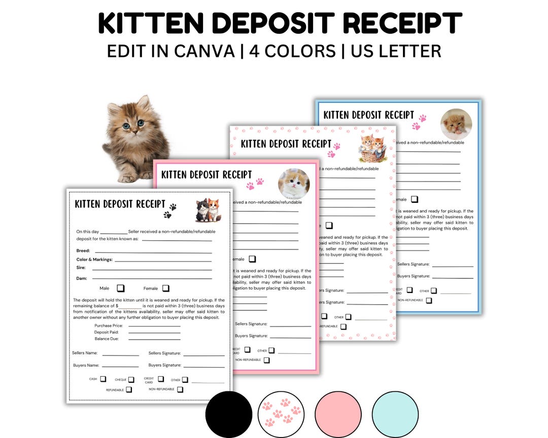 Editable Kitten Deposit Receipt, New Kitten Bill of Sale, Breeder ...
