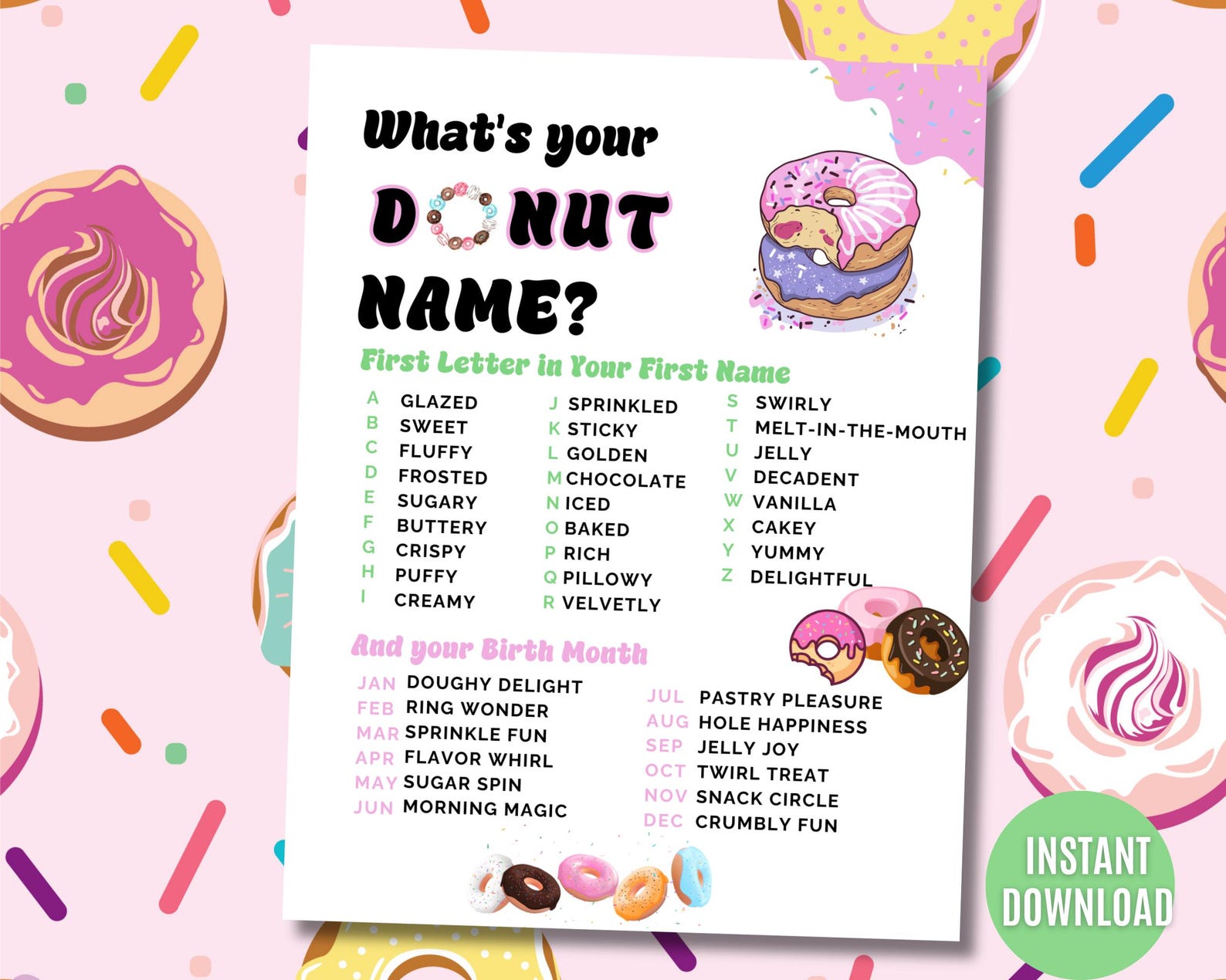 What's Your Donut Name Game NAME TAGS + SIGN, Donut Birthday, Baby ...