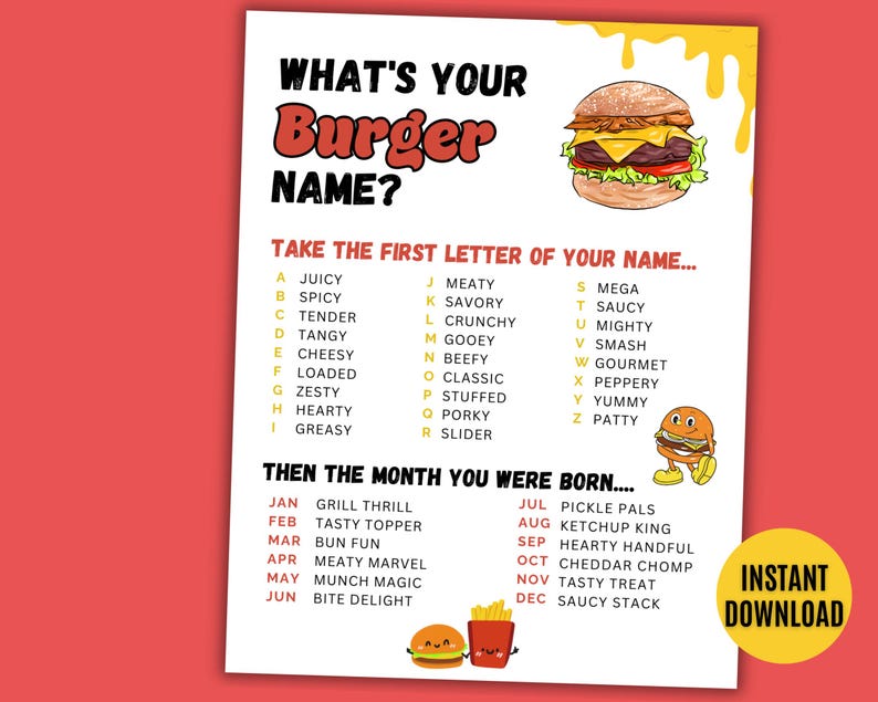 What's Your Burger Name Game NAME TAGS + Sign, BBQ Party, Cookout ...