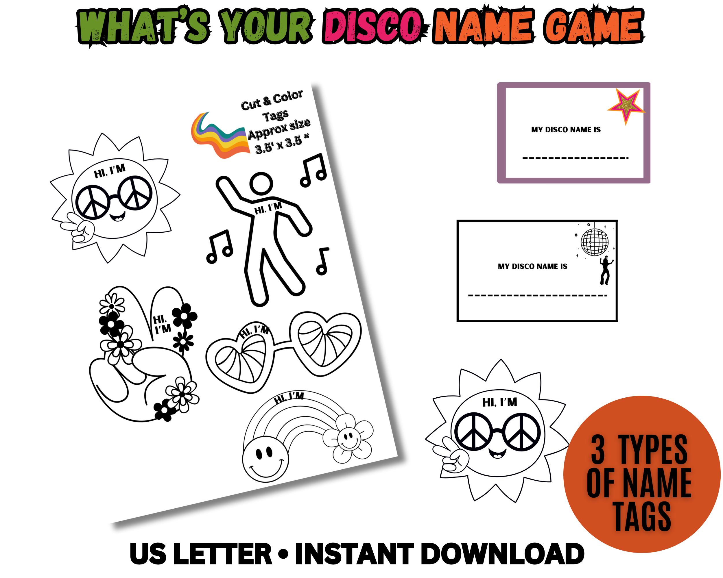 What's Your Disco Name Game, NAME TAGS + SIGN, Birthday Dance Party ...