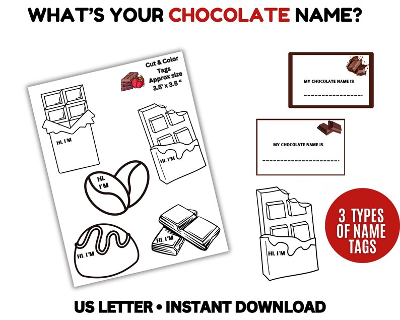 What's Your Chocolate Name Game NAME TAGS + SIGN, Chocolate-themed ...