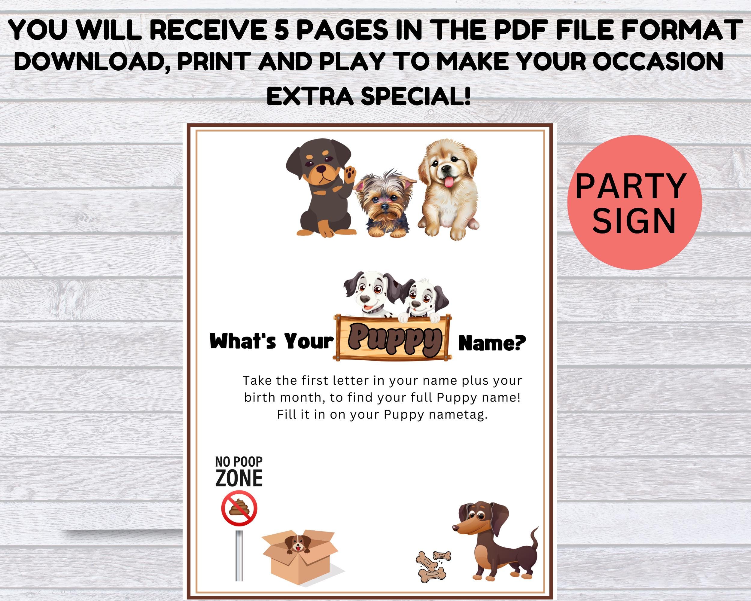 What's Your Puppy Name Game NAME TAGS + SIGN, Dog-themed Birthday ...