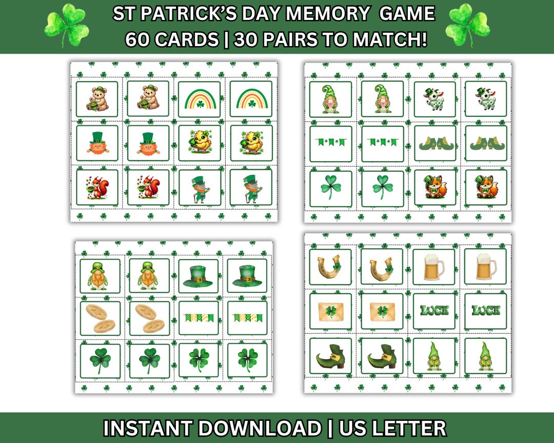 St Patricks Day Memory Game, Printable Matching Activity ( Digital ...