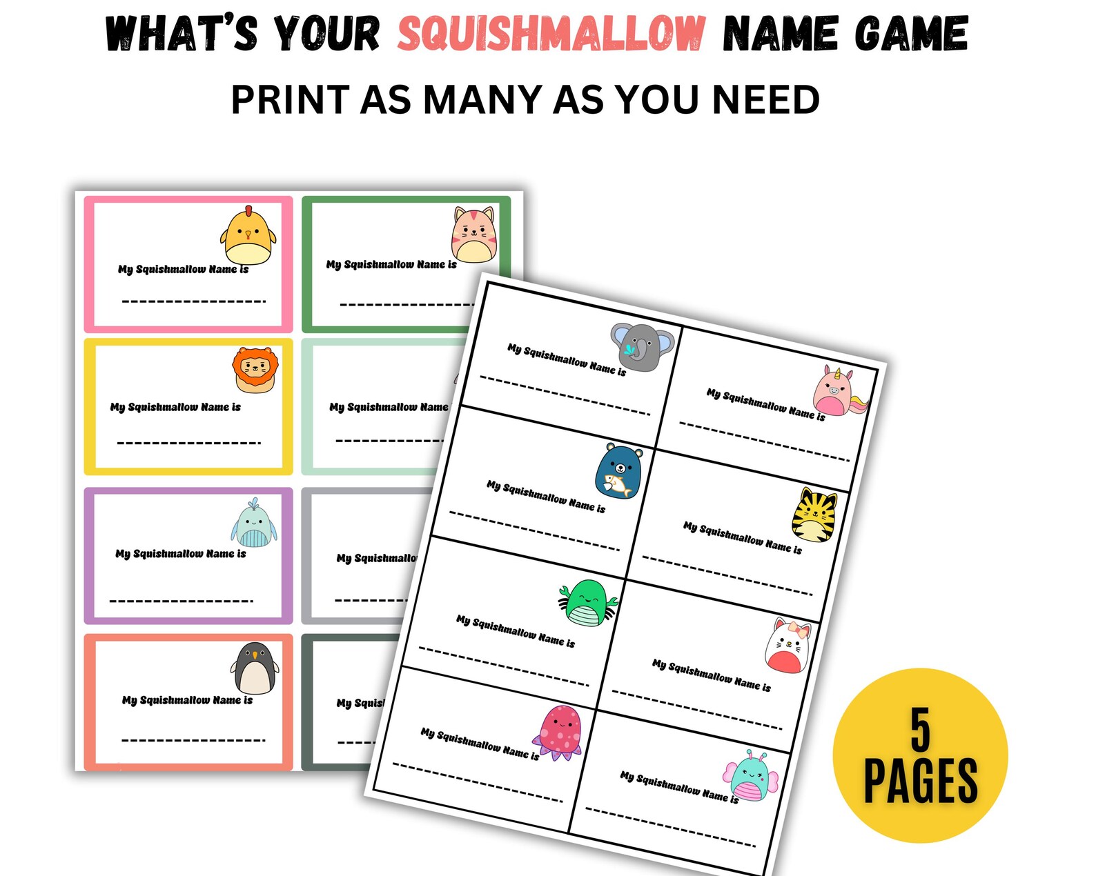 What's Your Squishmallow Name Game NAME TAGS + SIGN, Squishmallow ...