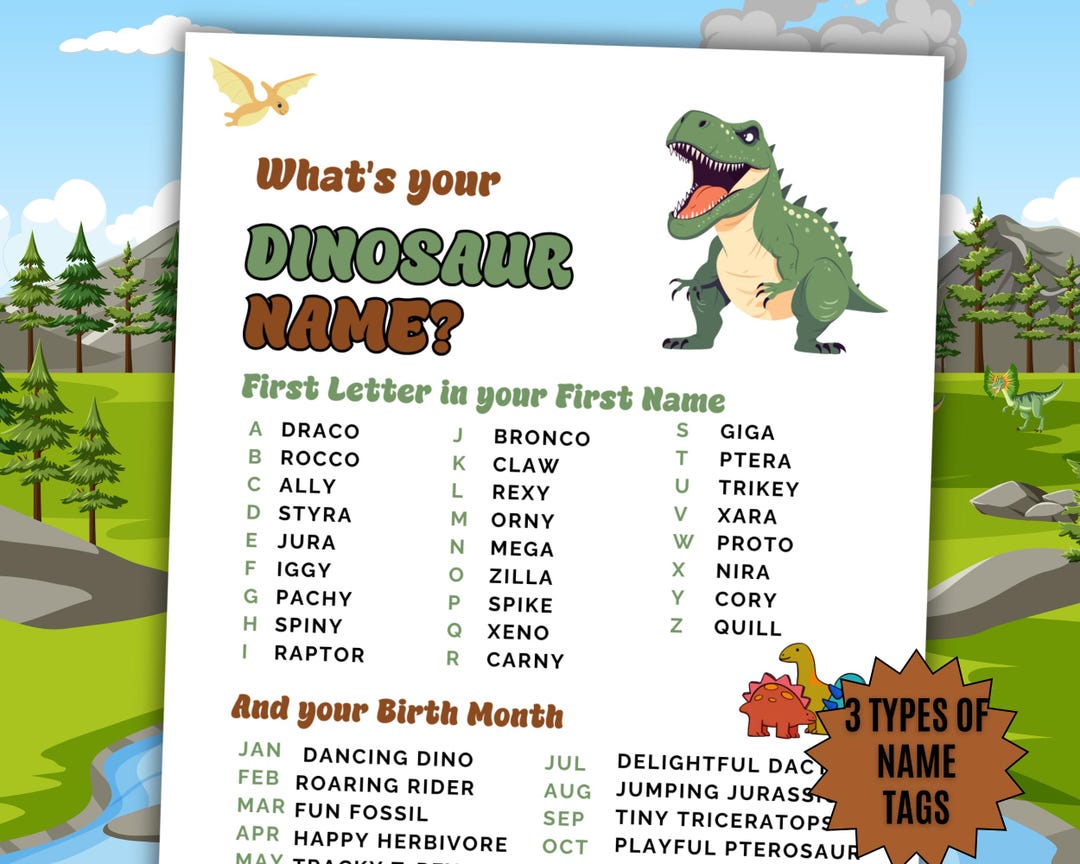 What's Your Dinosaur Name Game, NAME TAGS + SIGN, Dinosaur Birthday ...