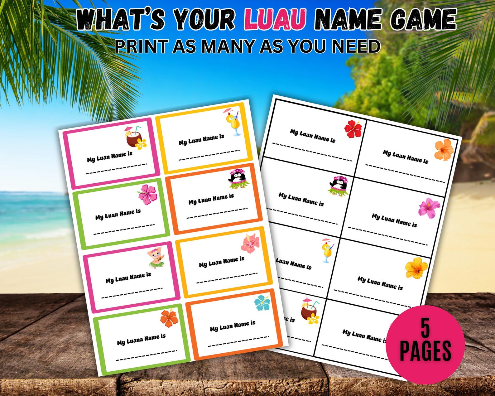 What's Your Luau Name Game, NAME TAGS + SIGN, Hawaiian Party Game ...