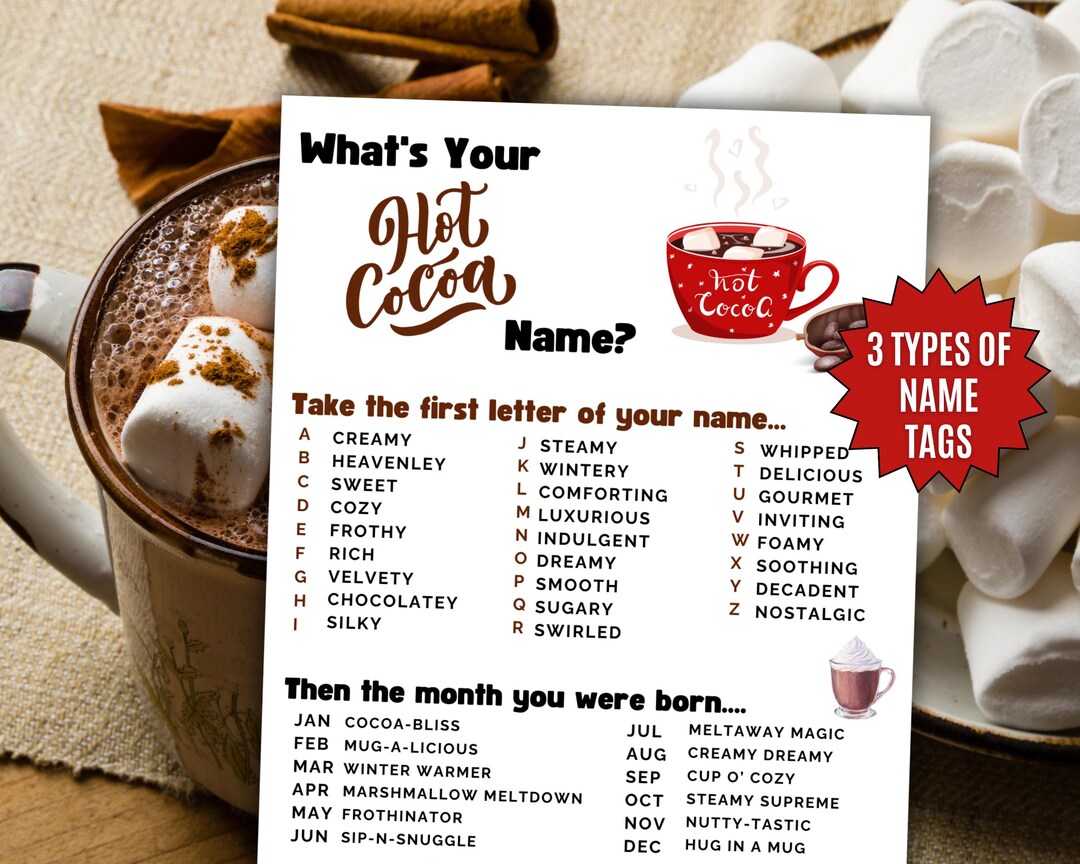 What's Your Hot Cocoa Name Game NAME TAGS + SIGN, Hot Cocoa Bar Decor ...