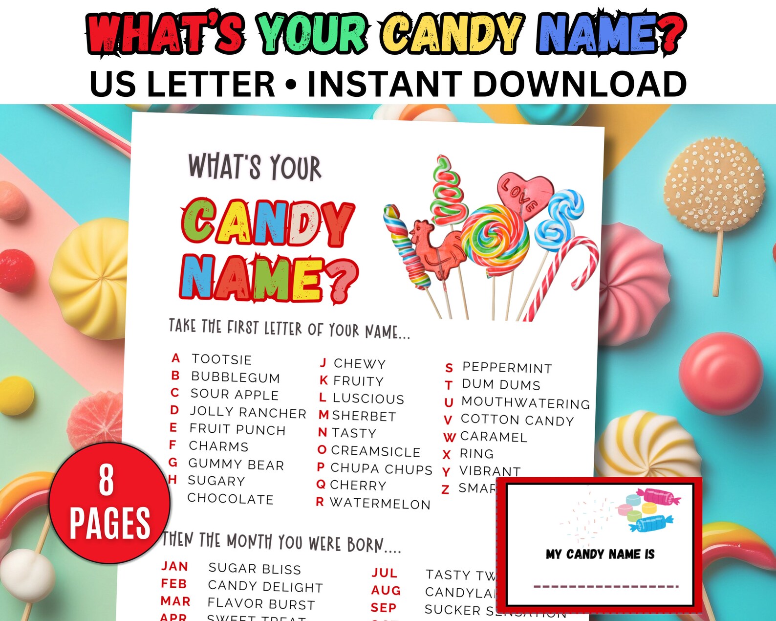 What's Your Candy Name Game With NAME TAGS + SIGN, Birthday, Classroom ...