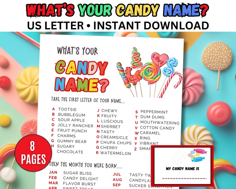 What's Your Candy Name Game With NAME TAGS + SIGN, Candy Party Idea ...