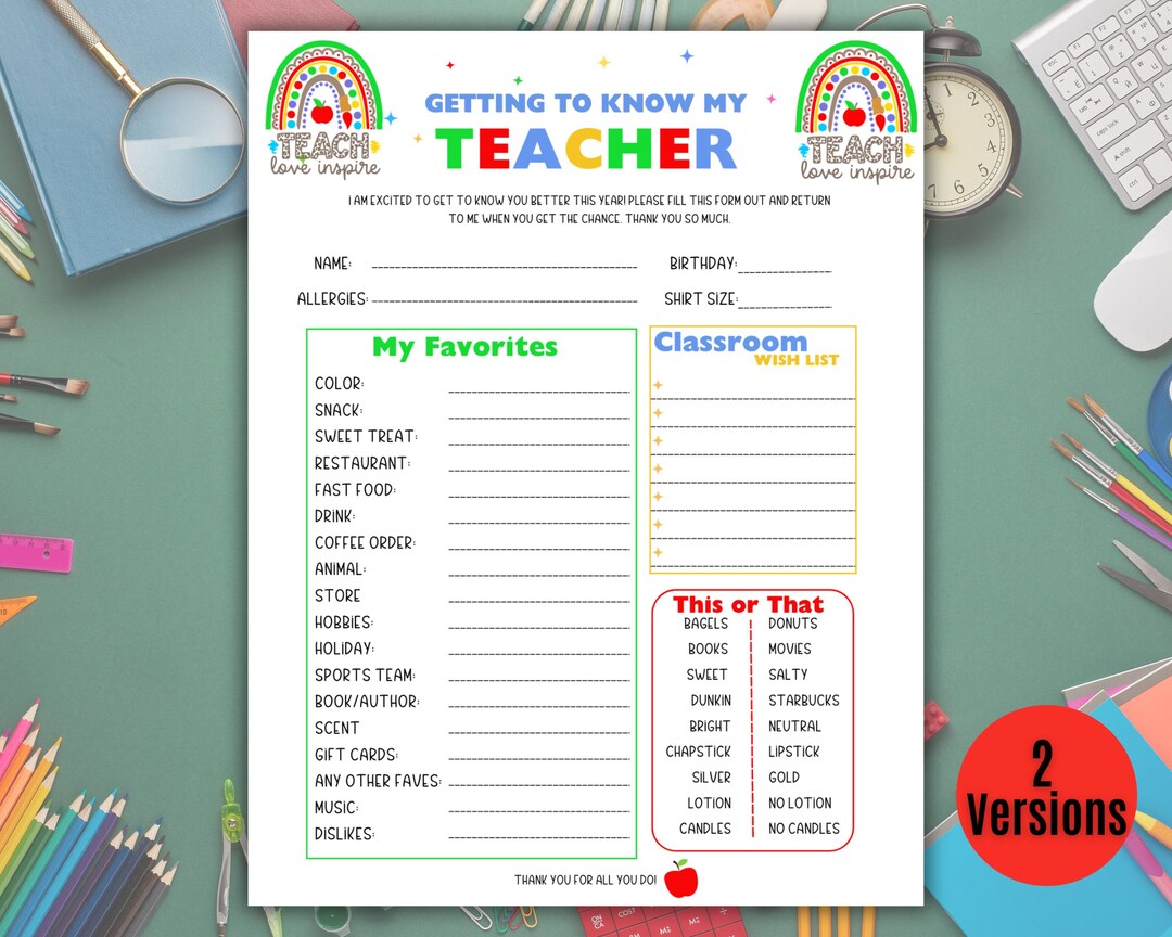 Teacher Favorites Form, Teacher Appreciation Printable Questionnaire ...