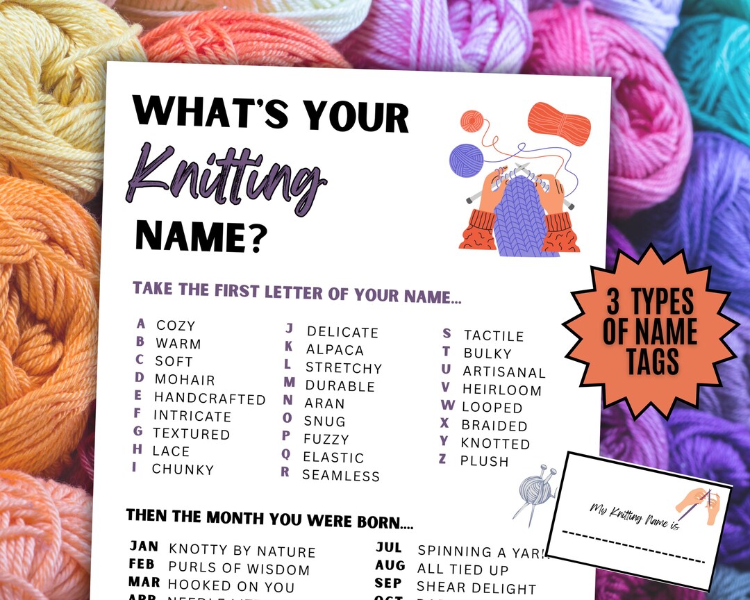 What's Your Knitting Name Game NAME TAGS + SIGN, Knit Enthusiast ...