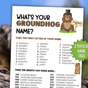 What's Your Groundhog Name Game NAME TAGS + SIGN, Punxsutawney Phil ...