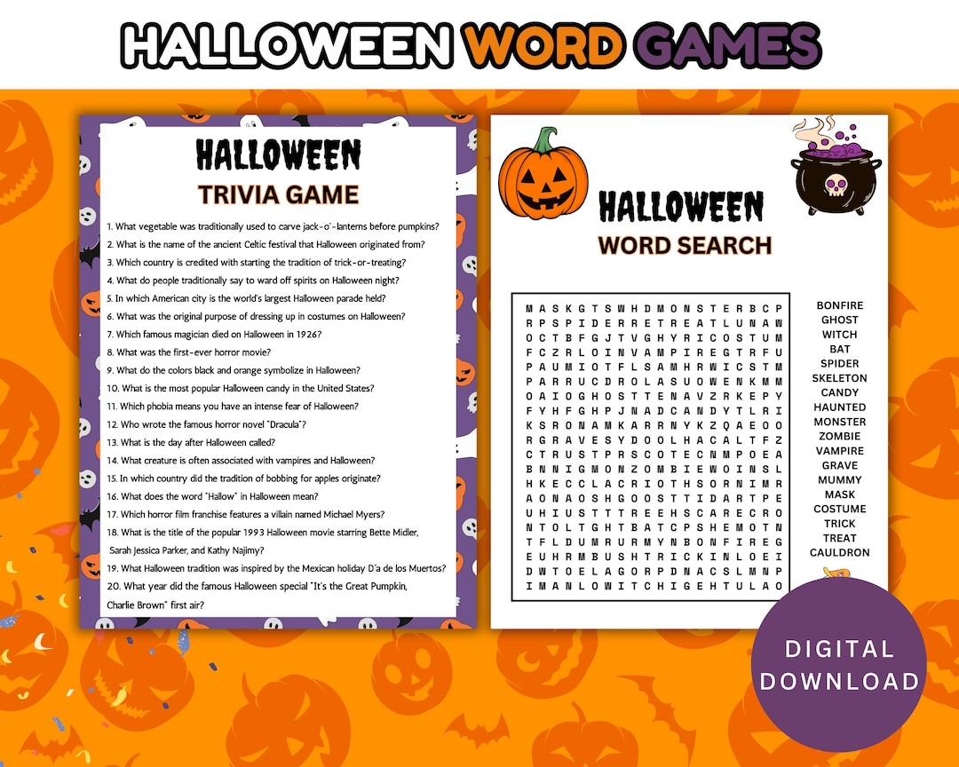 Halloween Word Search & Trivia Party Games Printable, Fun Spooky Teen ...