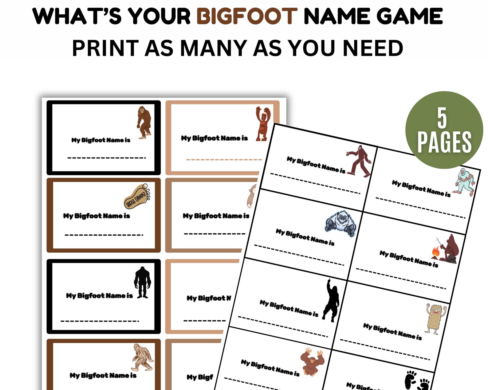 What's Your Bigfoot Name Game NAME TAGS & SIGN, Sasquatch Birthday ...