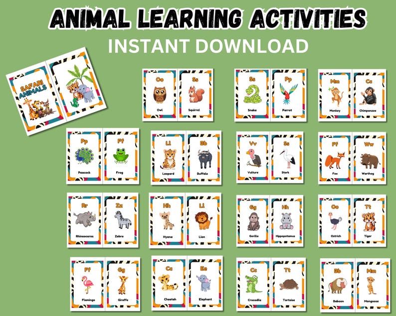 Safari Animals Flashcards, 32 Preschool Printable Educational Cards ...