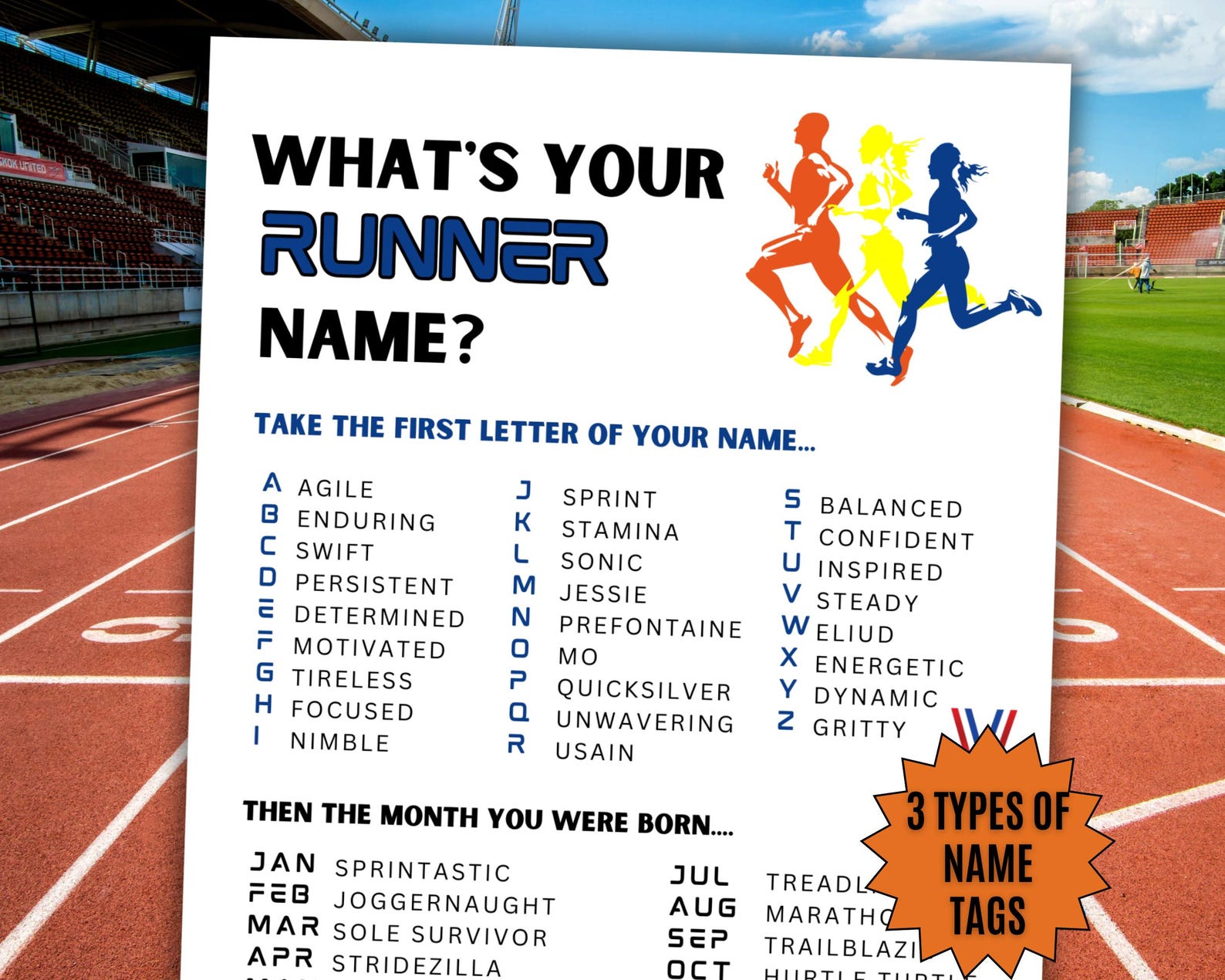 What's Your Runner Name Game, NAME TAGS + SIGN, Athletics Themed Sports ...