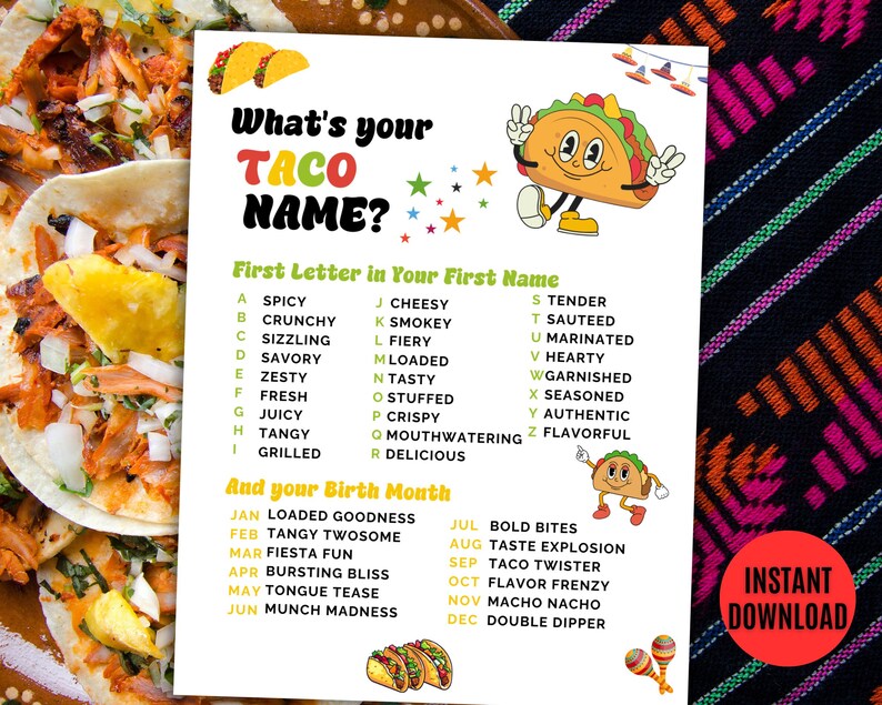 What's Your Taco Name Game, NAME TAGS + SIGN, Printable Mexican Fiesta ...