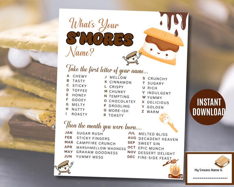 What's Your S'mores Name Game NAME TAGS + SIGN, Smores Bar ...