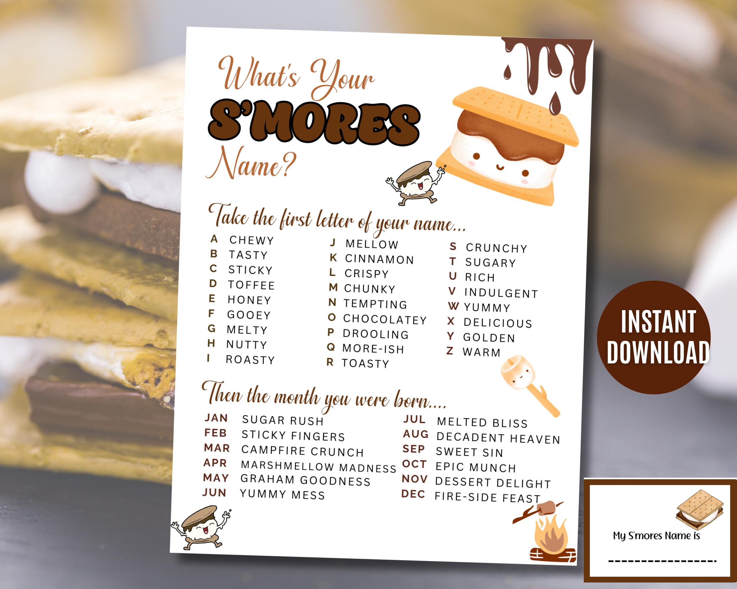 What's Your S'mores Name Game NAME TAGS + SIGN, Smores Bar ...