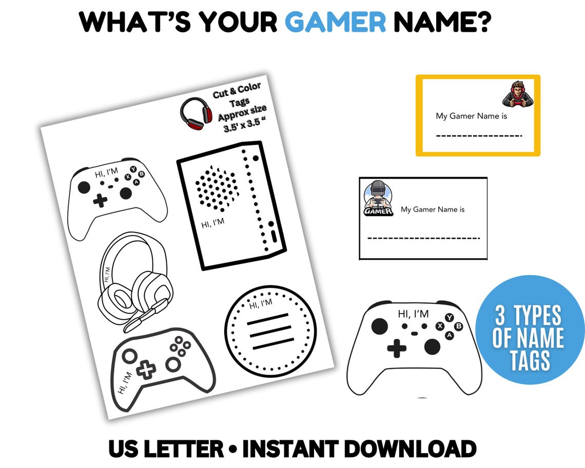 What's Your Gamer Name Game, NAME TAGS + SIGN, Gaming Name Activity ...