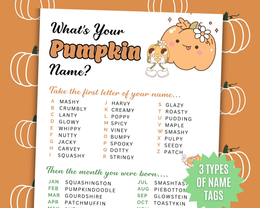 What's Your Pumpkin Name Game, NAME TAGS + SIGN, Fall Activity ...