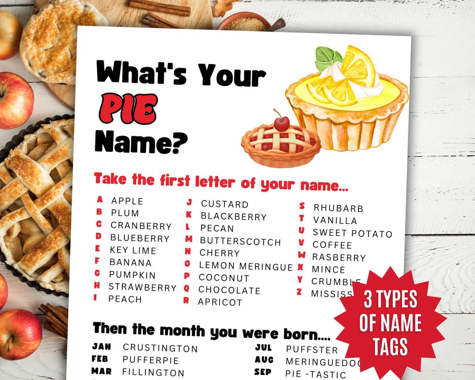 What's Your Pie Name Game, NAME TAGS & SIGN, Pi Day, High Tea, Pie ...