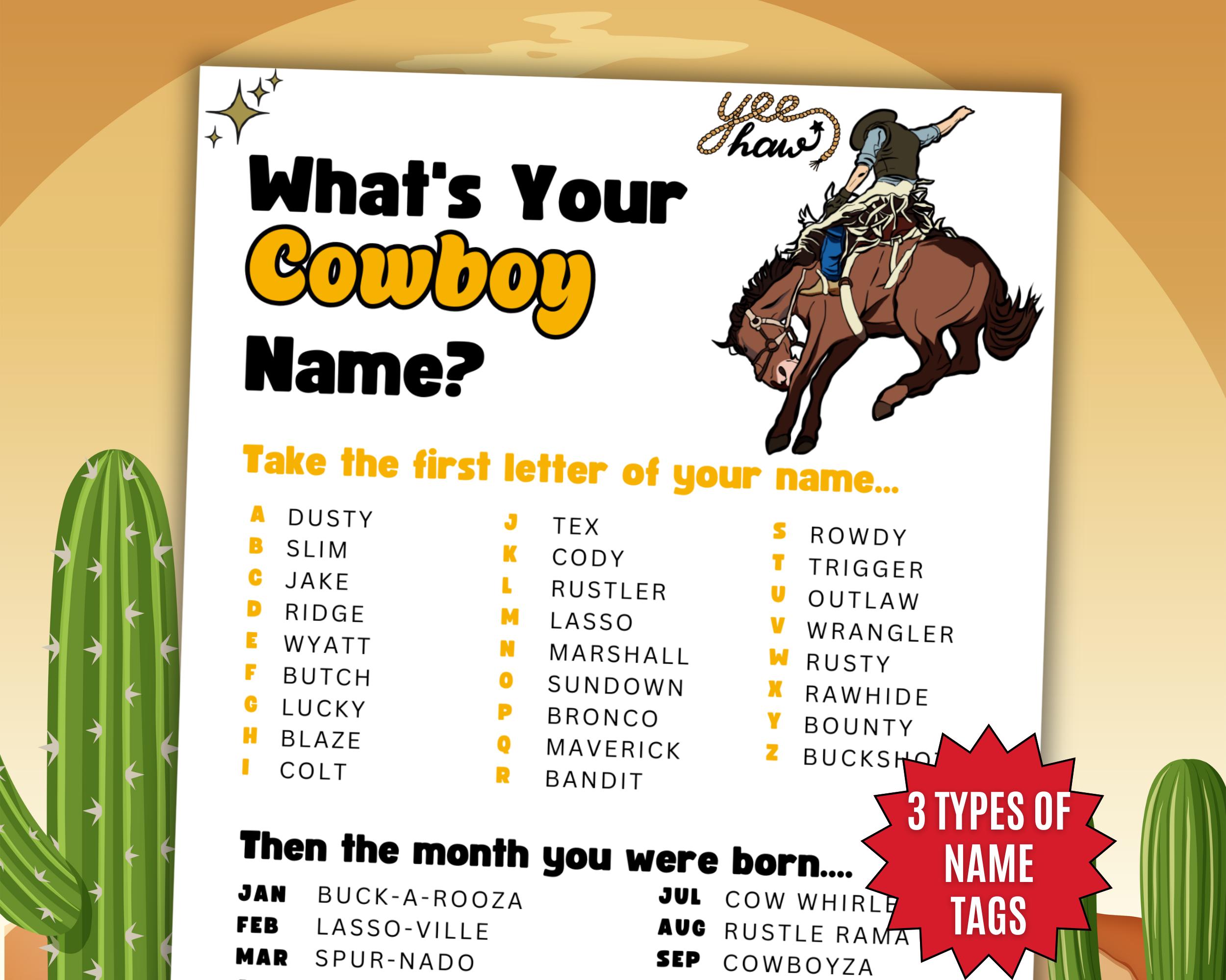 What's Your Cowboy Name Game, Name TAGS, GENERATOR & Party SIGN, Cowboy ...