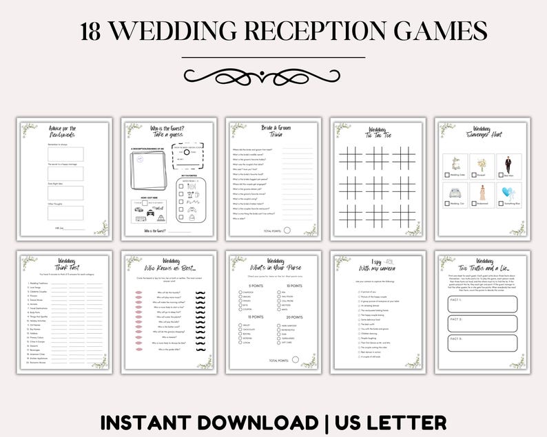 Wedding Reception Games Printable Bundle, Table Activities ...