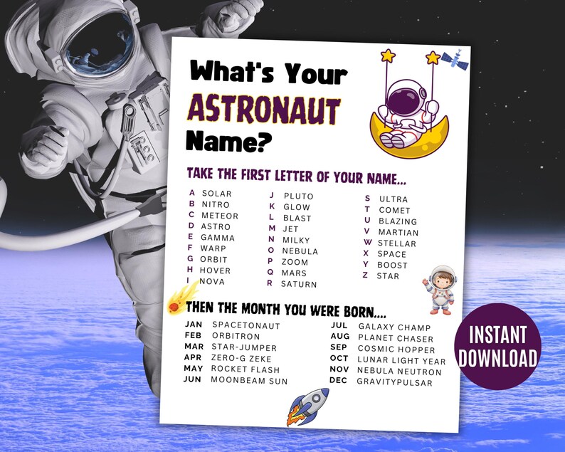 What's Your Astronaut Name Game, NAME Tags + SIGN, Galaxy, Space ...