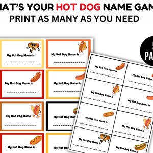 What's Your Hot Dog Name Game, NAME TAGS +signs, Kids Hot Dogs Party ...