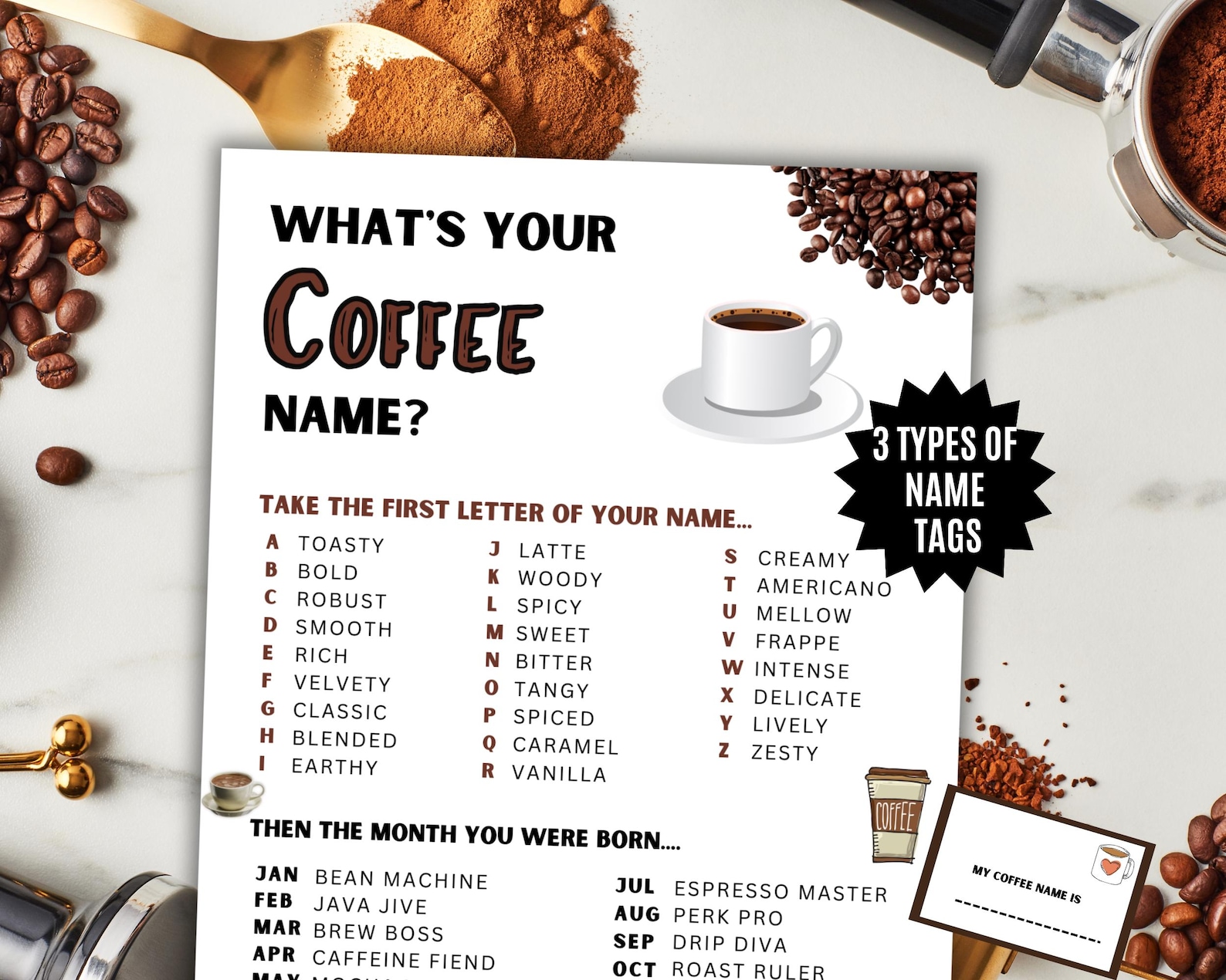 What's Your Coffee Name Game NAME TAGS + SIGN, Coffee Bar Printable ...