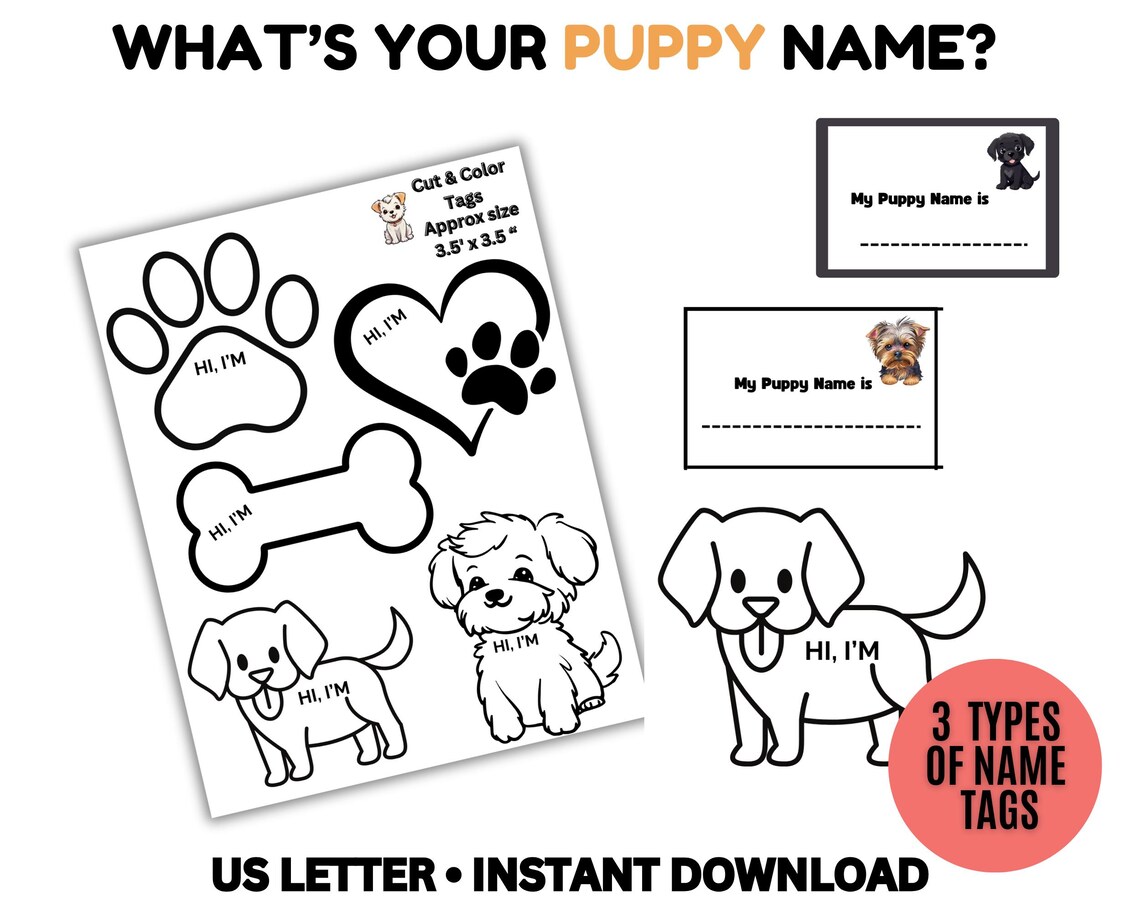 What's Your Puppy Name Game NAME TAGS + SIGN, Dog-themed Birthday ...