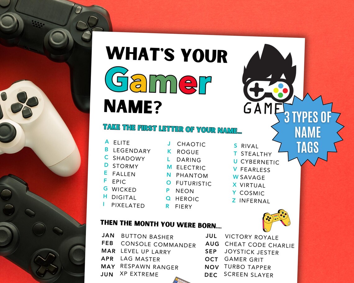 What's Your Gamer Name Game, NAME TAGS + SIGN, Kids Gaming Birthday ...