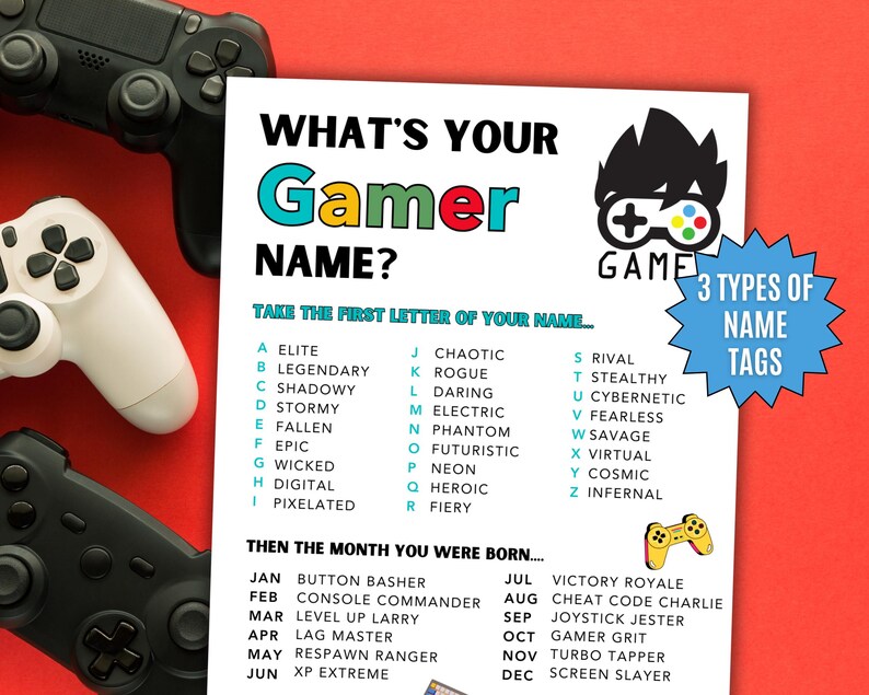 What's Your Gamer Name Game, NAME TAGS + SIGN, Gaming Name Activity ...