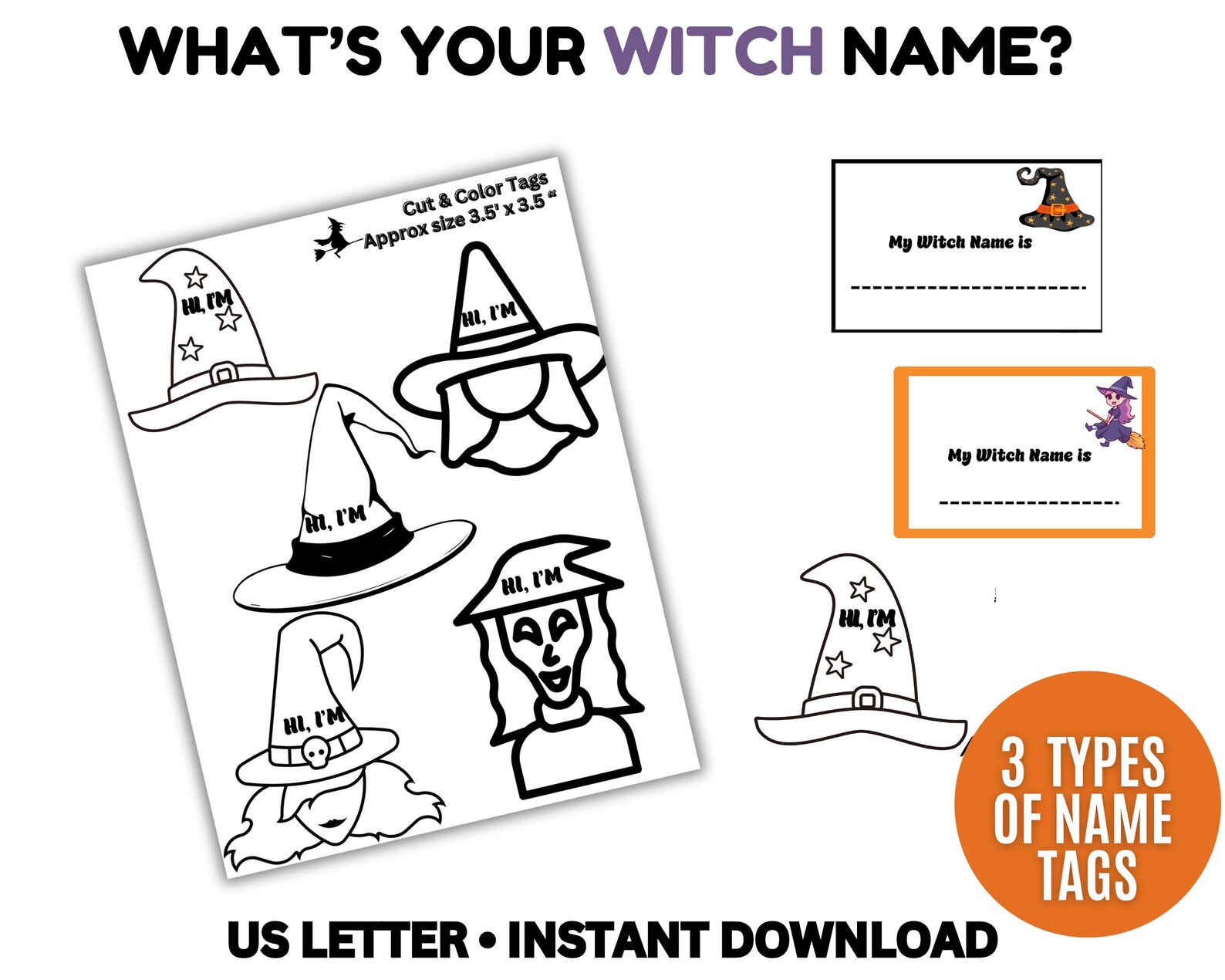 What's Your Witch Name Game, NAME TAGS+ SIGN, Witchy Birthday Printable ...