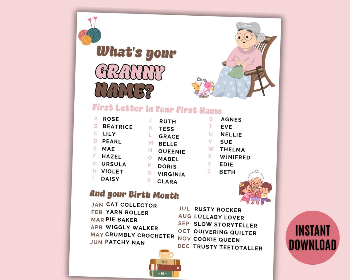 What's Your Granny Name Game With NAME TAGS + SIGN, Sleepover Slumber ...