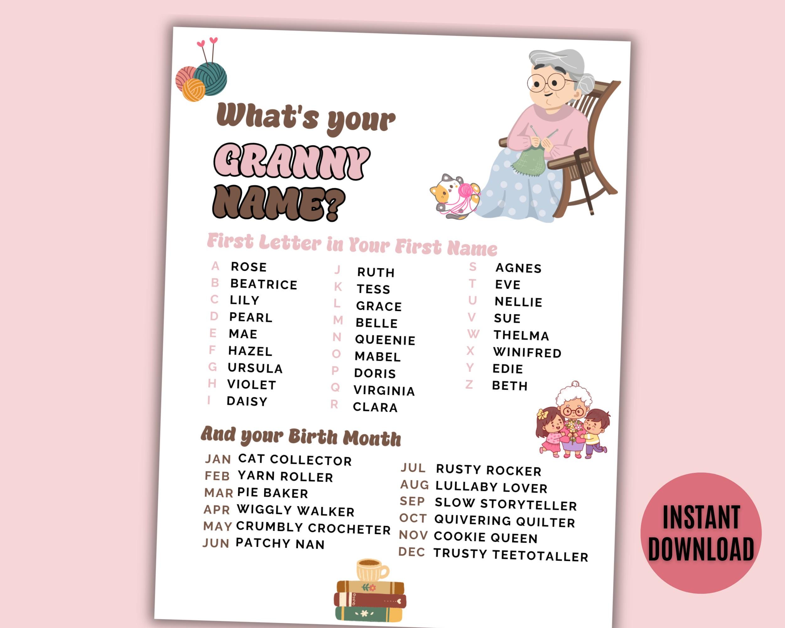 What's Your Granny Name Game With NAME TAGS + SIGN, Sleepover, Slumber ...