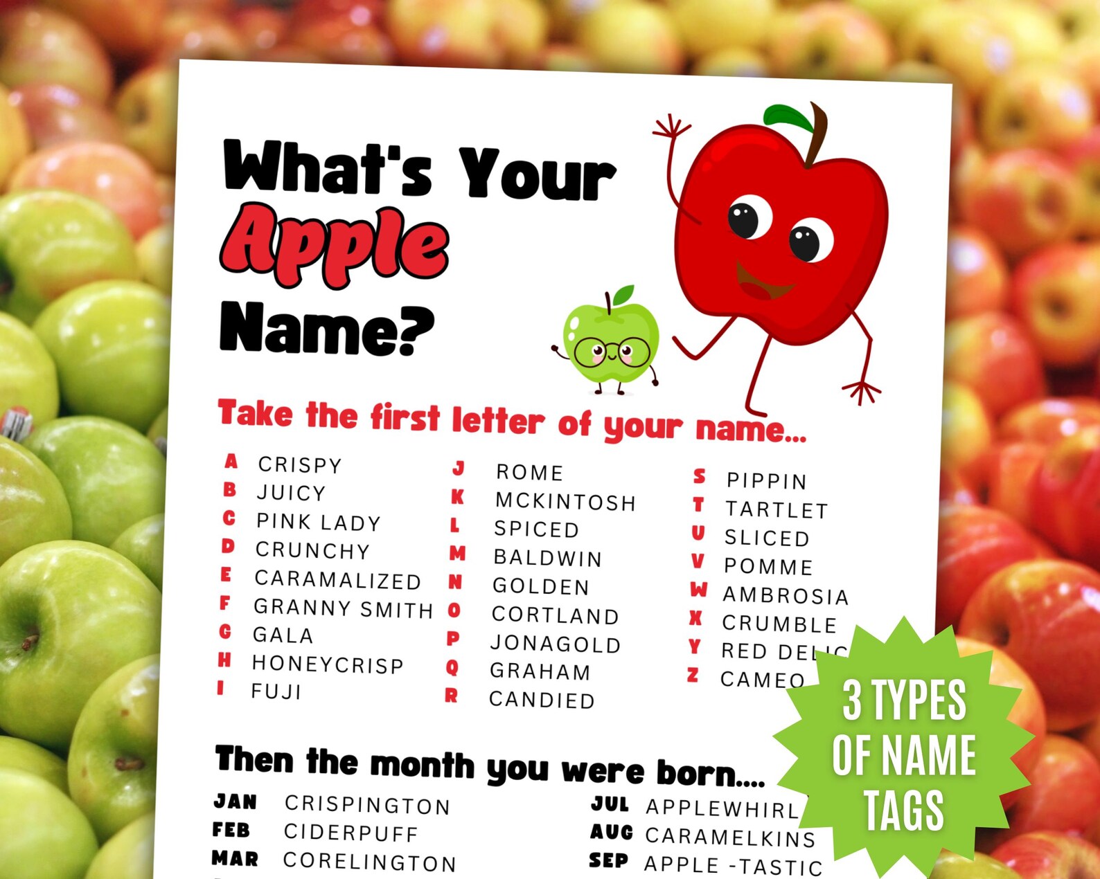 What's Your Apple Name Game NAME TAGS + SIGN Printable, Apple-themed ...