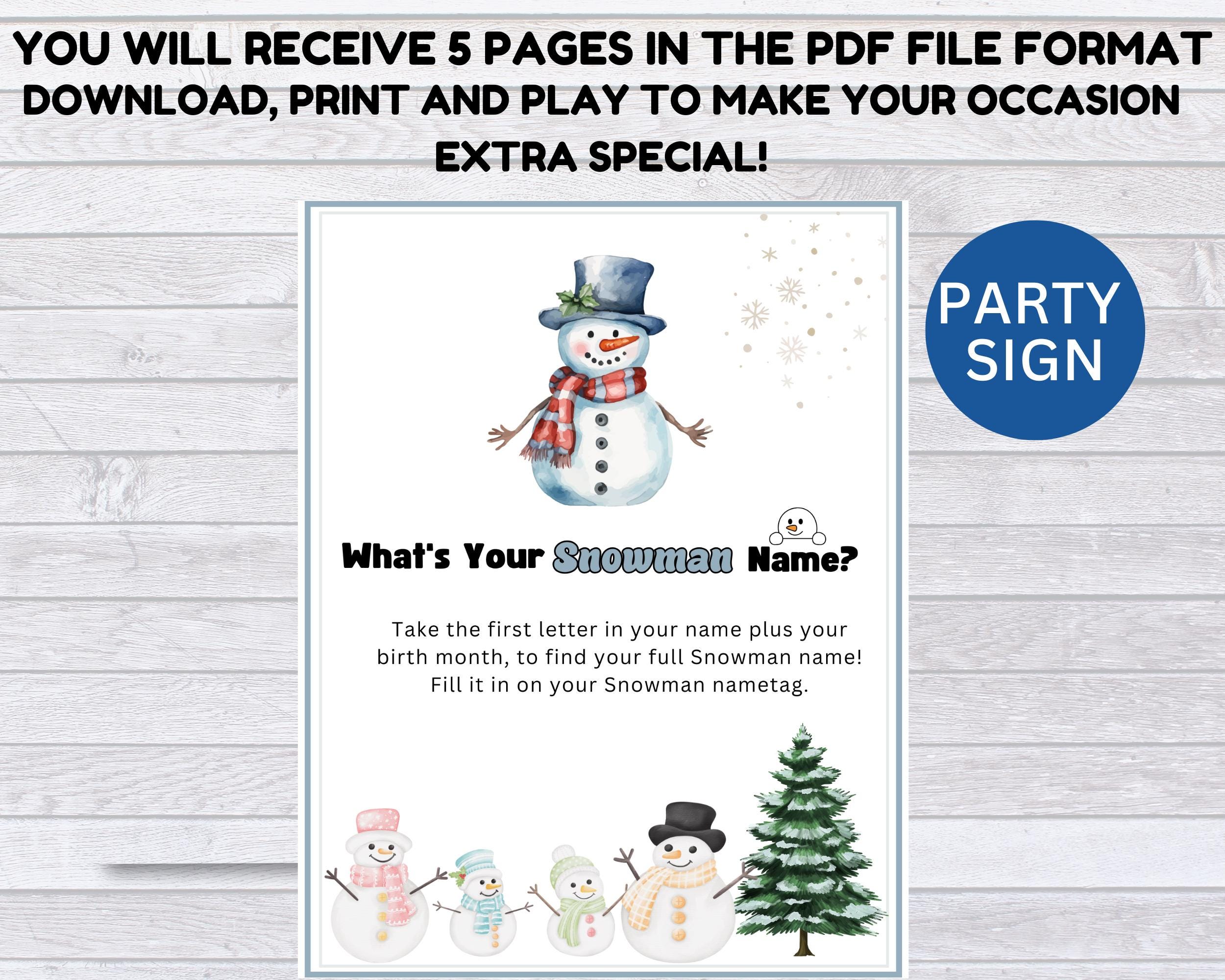 What's Your Snowman Name Game NAME TAGS + SIGN, Printable Holiday Party ...