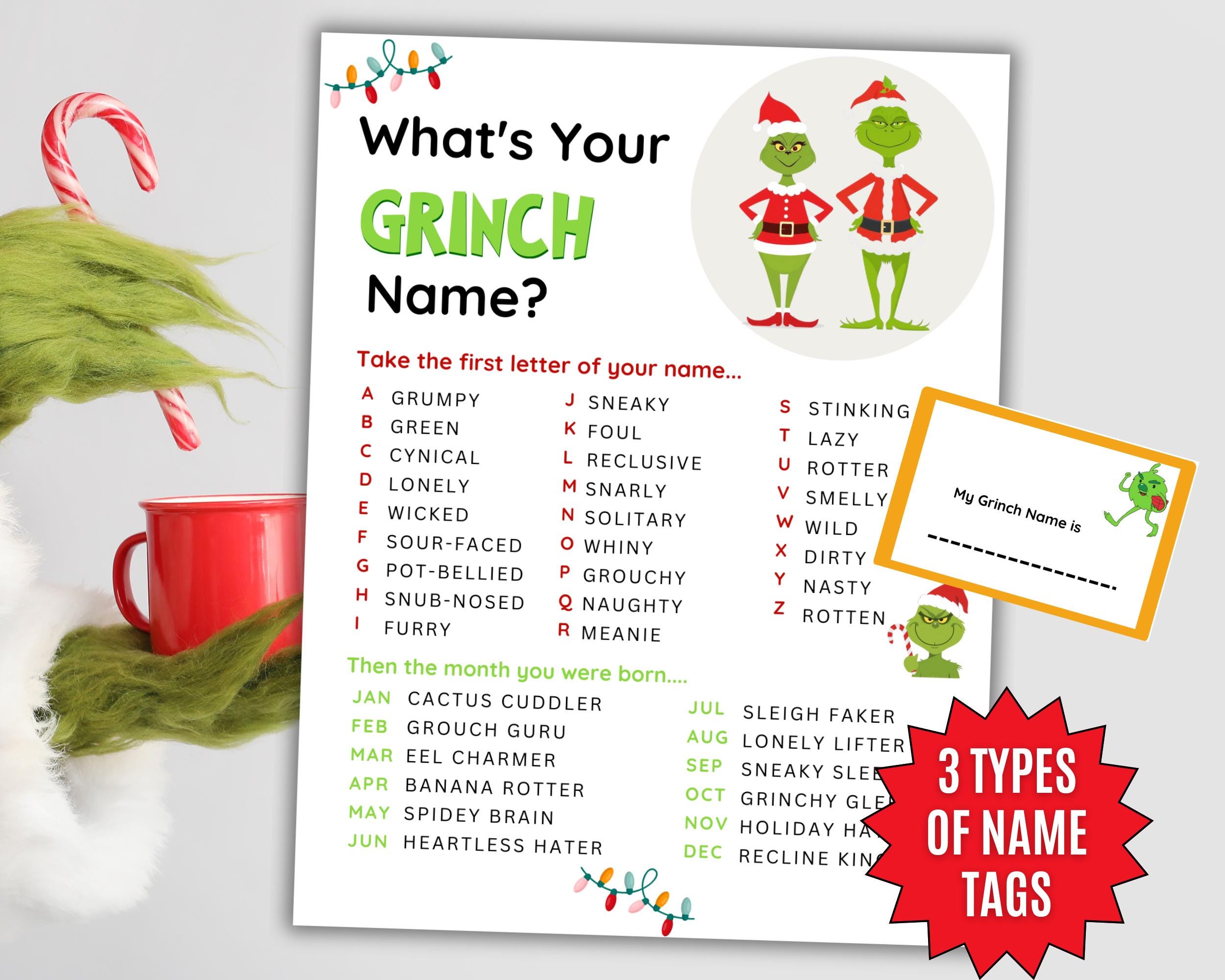 What's Your Grinch Name Game With NAME TAGS + SIGN, Merry Grinchmas ...