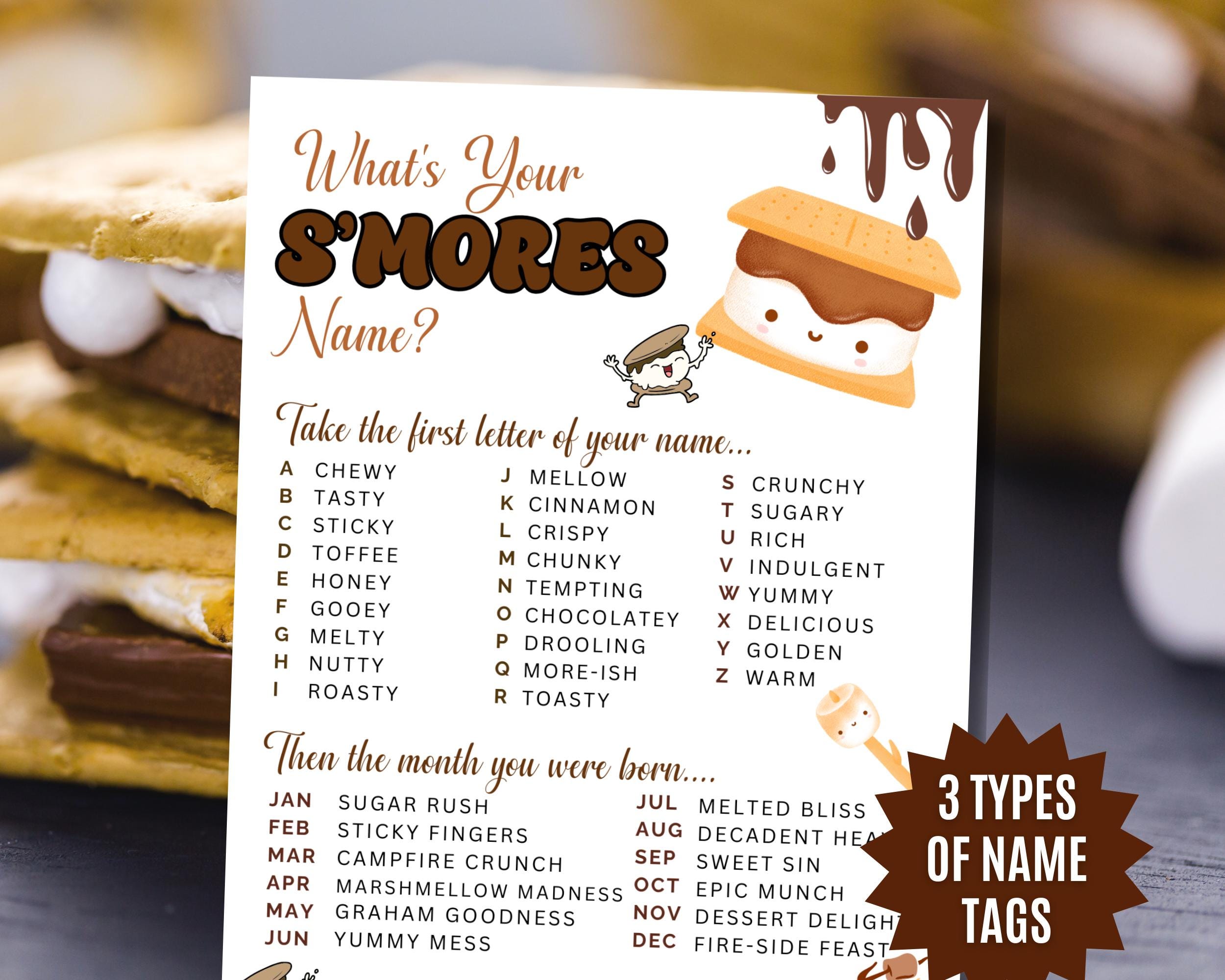 What's Your S'mores Name Game NAME TAGS + SIGN, Smores Bar ...