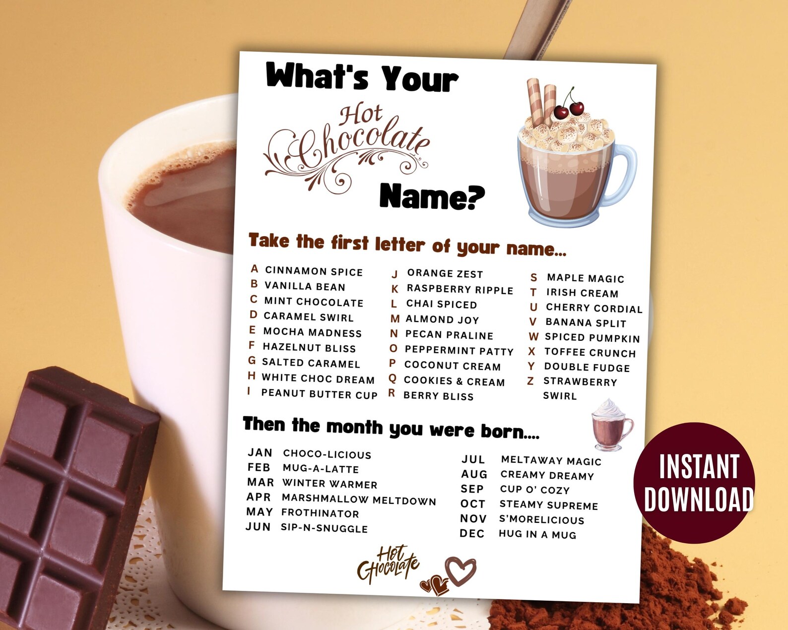 What's Your Hot Chocolate Name Game NAME TAGS + SIGN, Hot Chocolate Bar ...