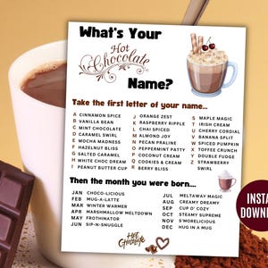 What's Your Hot Chocolate Name Game NAME TAGS + SIGN, Hot Chocolate Bar ...
