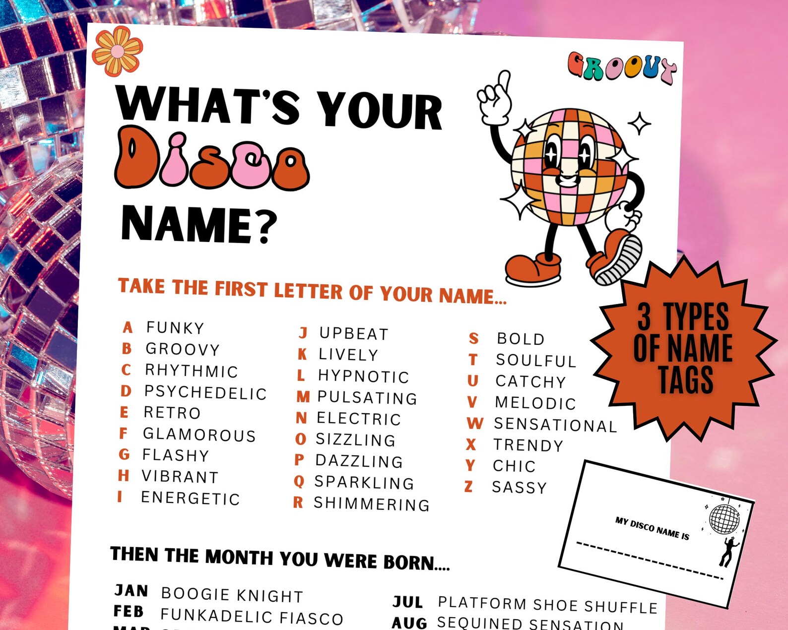 What's Your Disco Name Game, NAME TAGS + SIGN, Birthday Dance Party ...