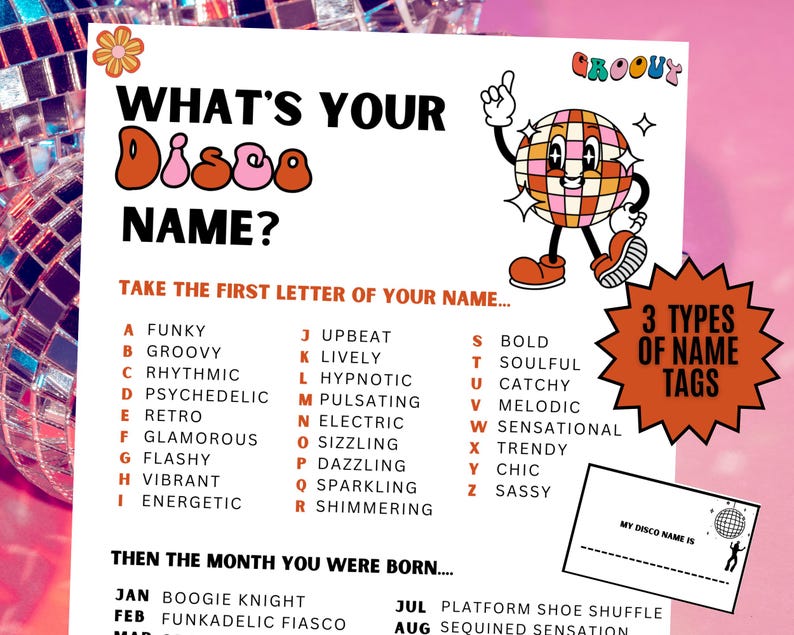 What's Your Disco Name Game, NAME TAGS + SIGN, Birthday Dance Party ...