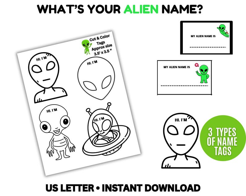What's Your Alien Name Game NAME Tags + SIGN, Cute Alien Birthday Party ...