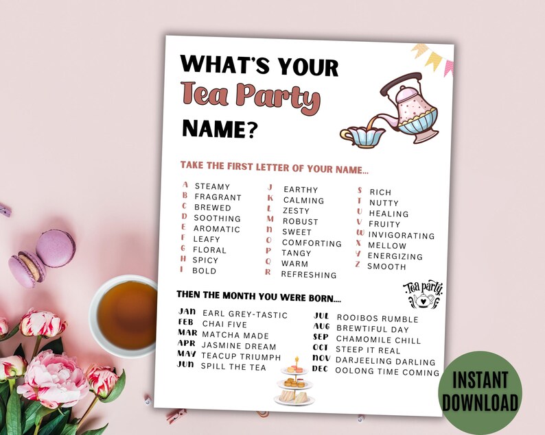 What's Your Tea Party Name Game, NAME TAGS + SIGN, Girls Tea Party ...
