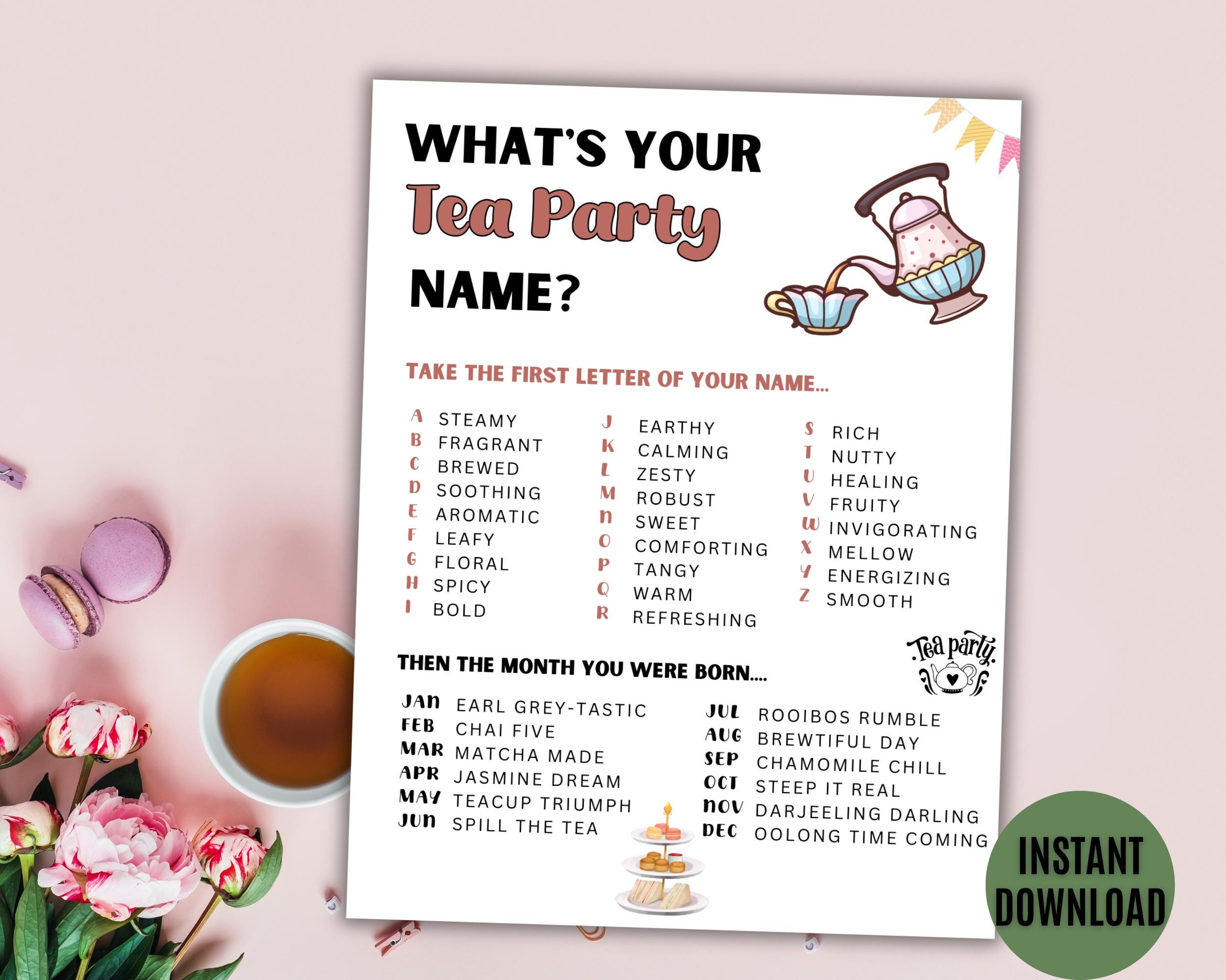 What's Your Tea Party Name Game, NAME TAGS + SIGN, Girls Tea Party ...