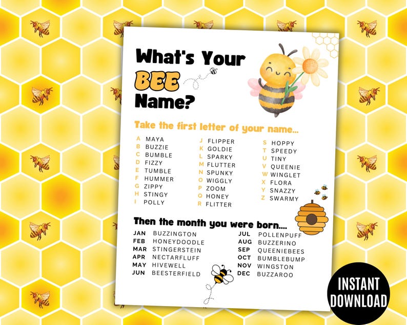 What's Your Bee Name Game, NAME TAGS + SIGN, Bee-themed Printable, Baby ...